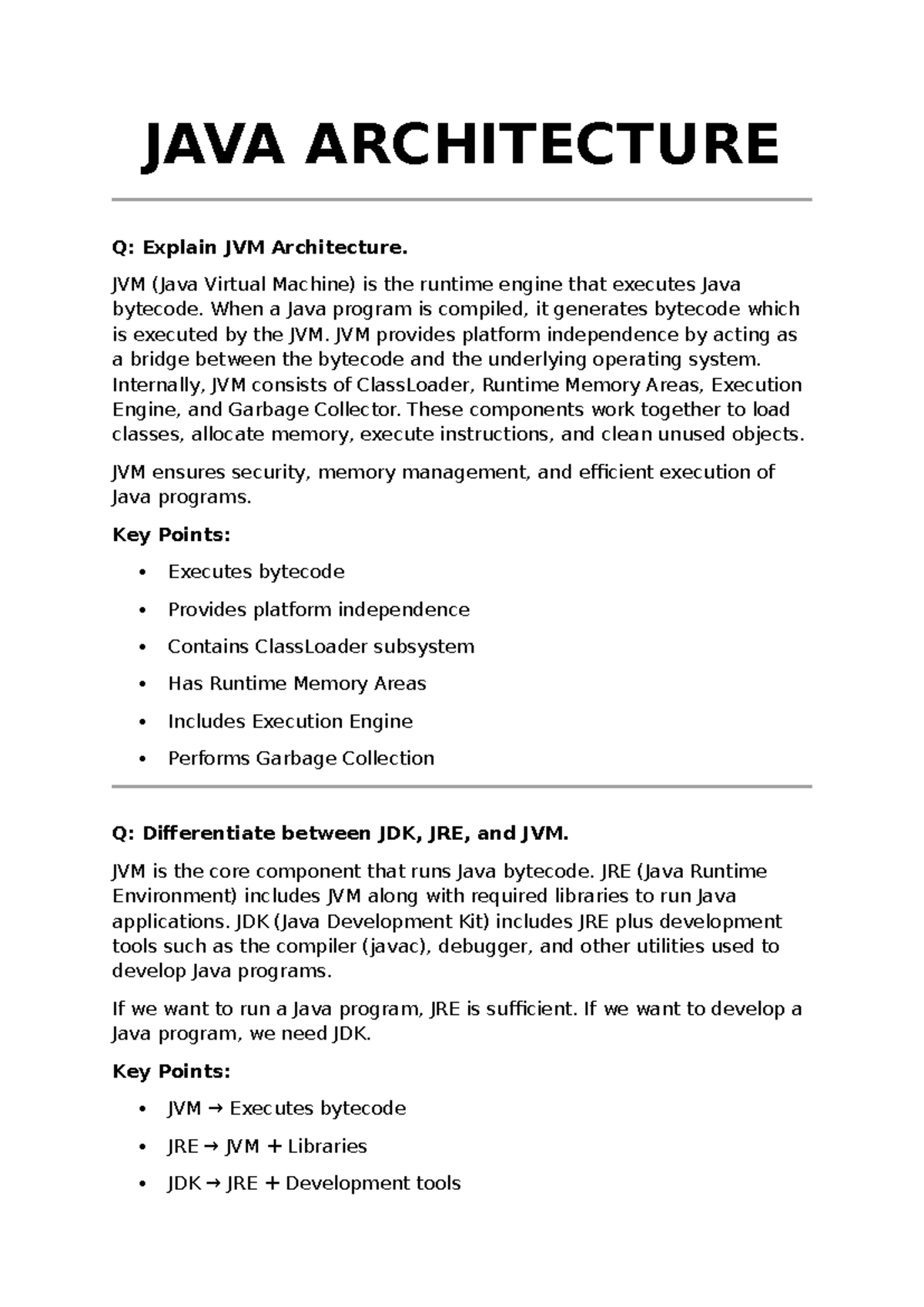 JAVA - JVM Architecture Overview and Key Concepts - Studocu