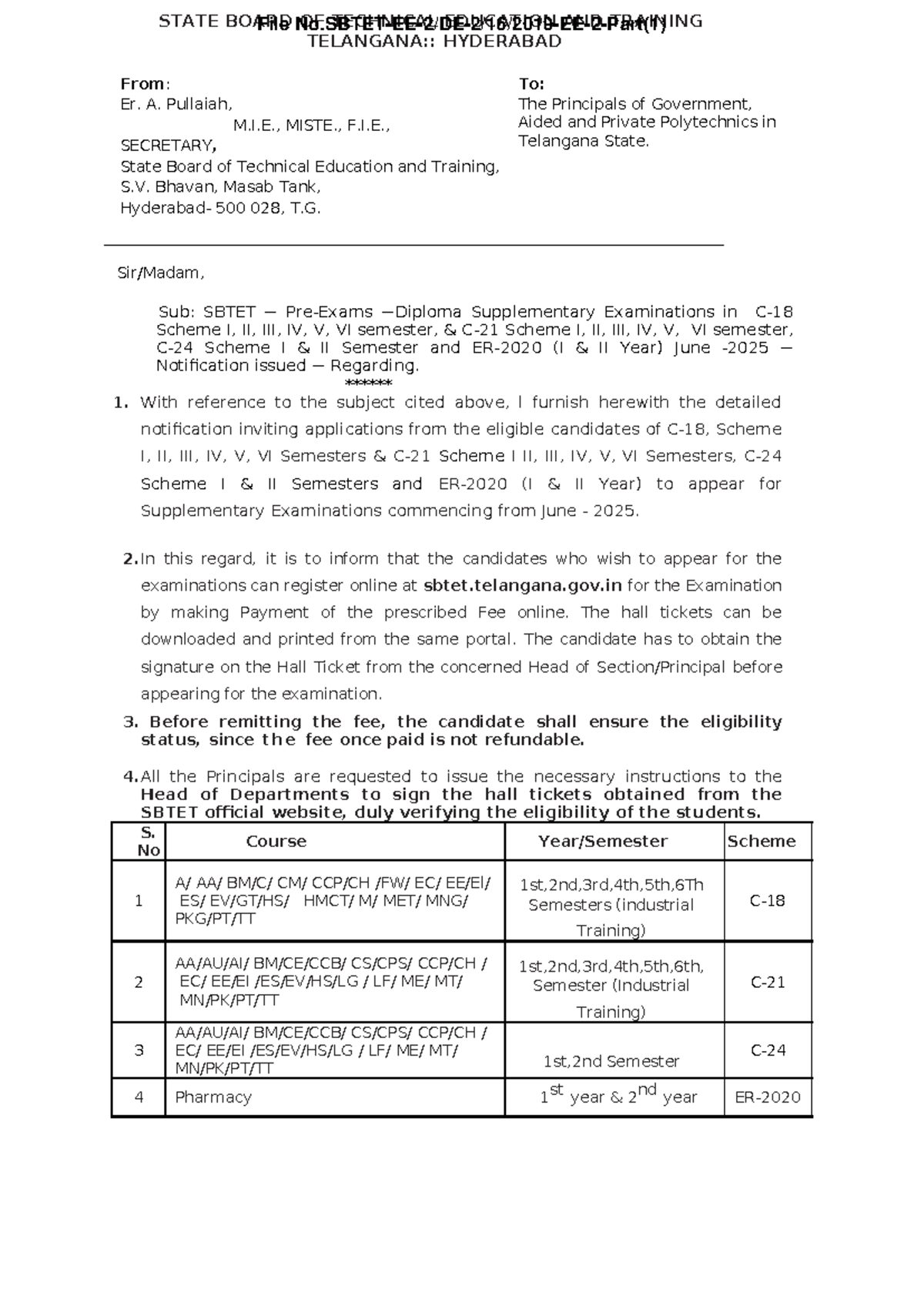 SBTET Supplementary Exam Notification for Schemes I-VI Semesters 2025 ...