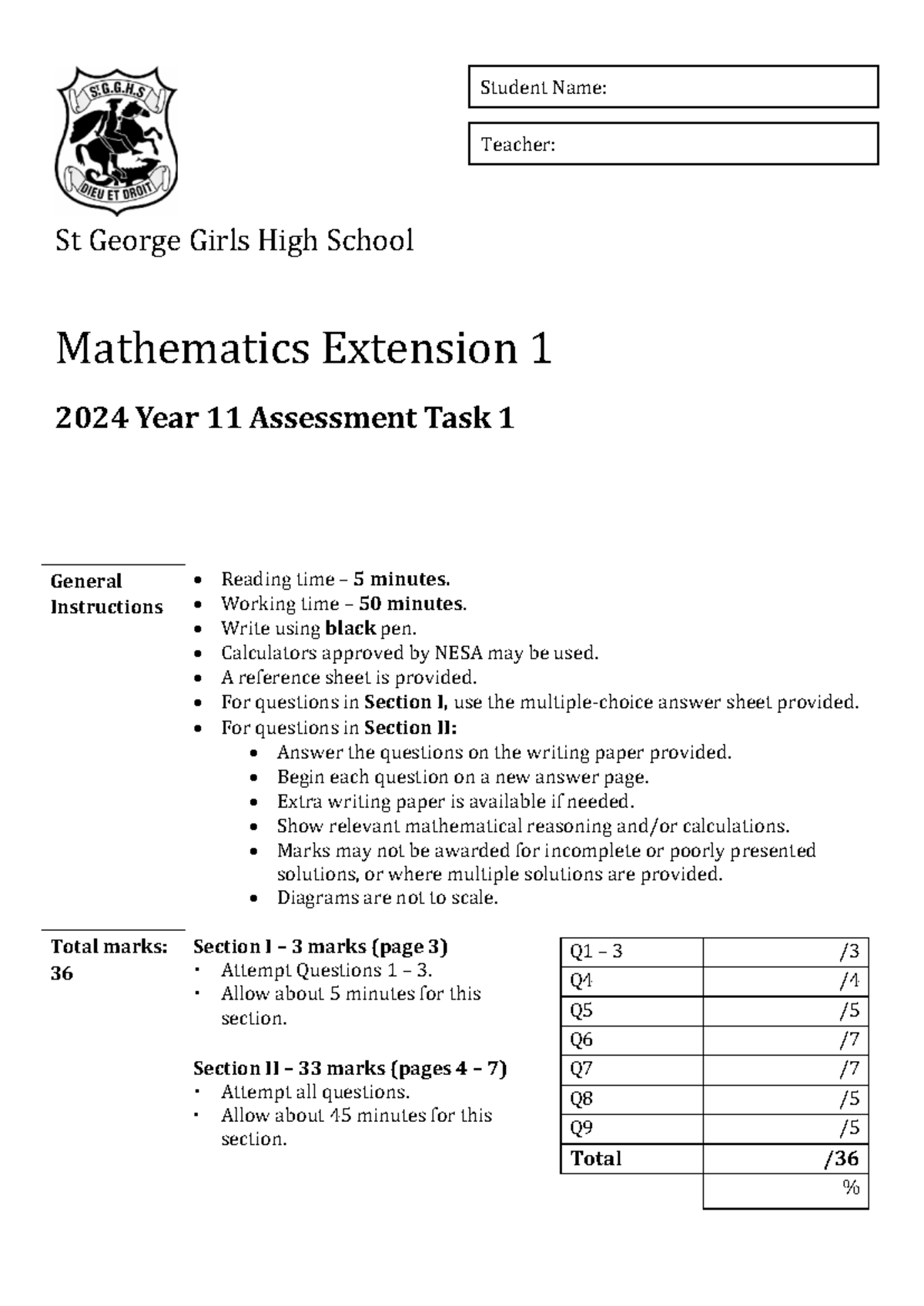 2024 Year 11 Mathematics Extension 1 AT1 Practice Paper - Studocu