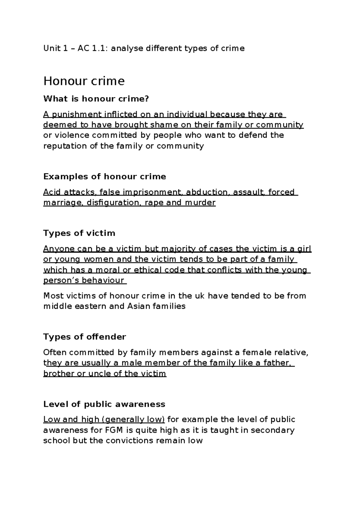 Unit 1 AC 1.1: Understanding Honour Crime and Its Impact - Studocu
