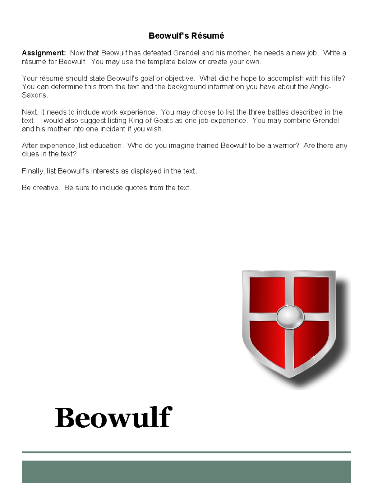 Beowulf's Job Application: Résumé for Anglo-Saxon Hero - Studocu