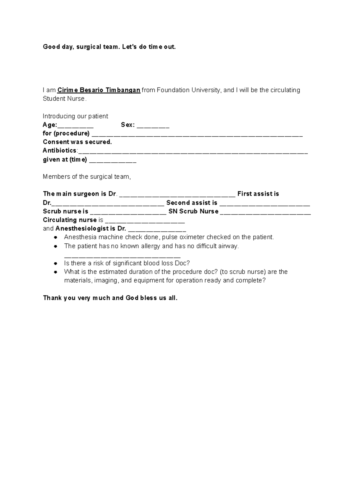 Time Out Procedure - Perioperative Team Coordination - Studocu