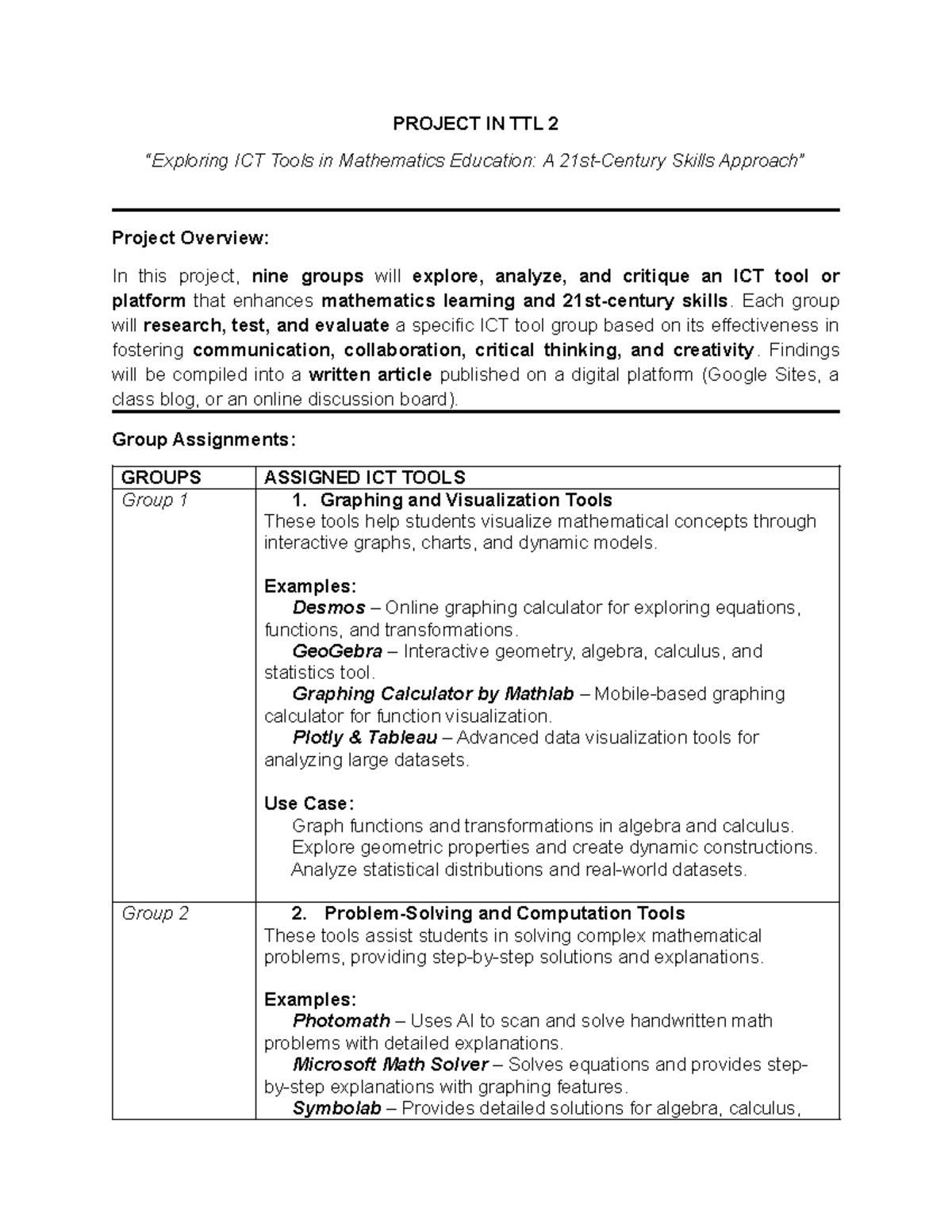 Project IN TTL 2: Evaluating ICT Tools for Enhancing Math Skills - Studocu