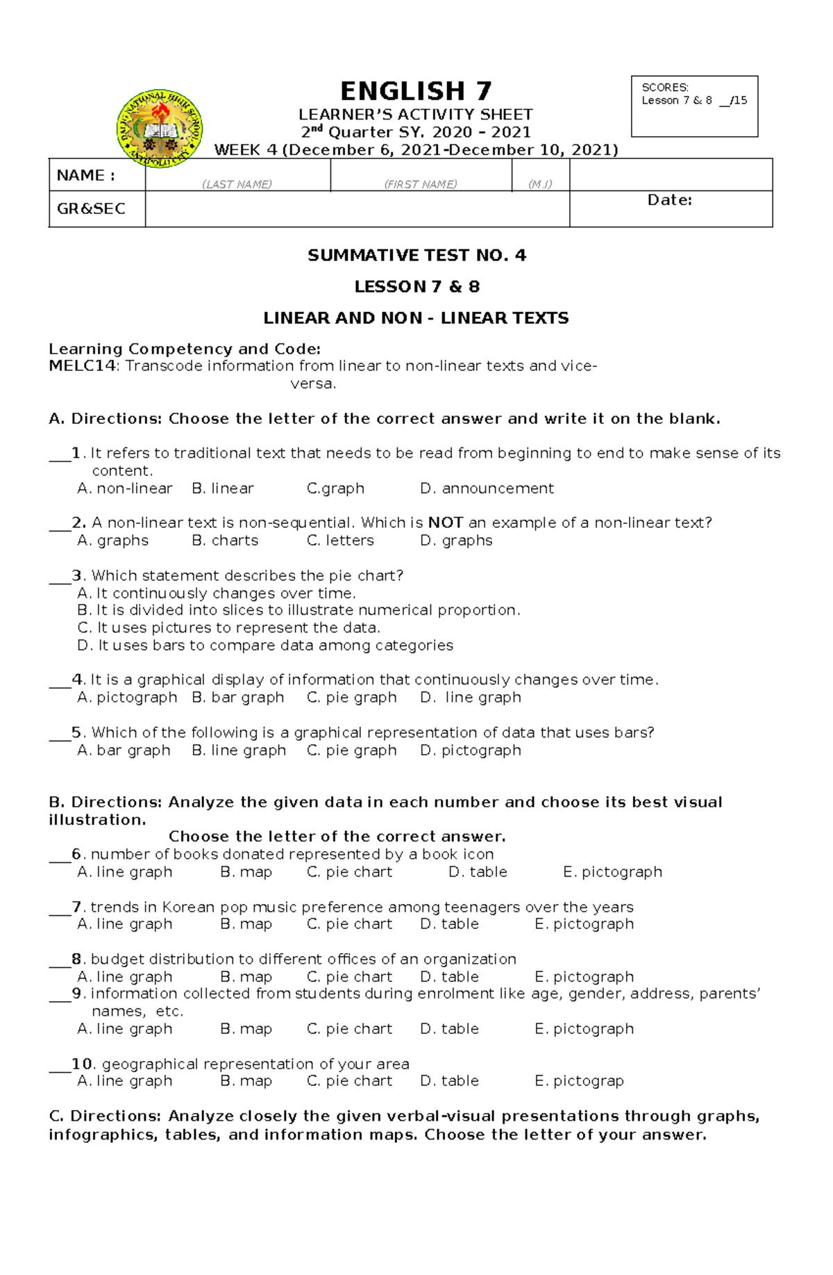 544222483 Q2 English 7 Summative TEST 4 Lessons 7 8 Linear AND NON ...