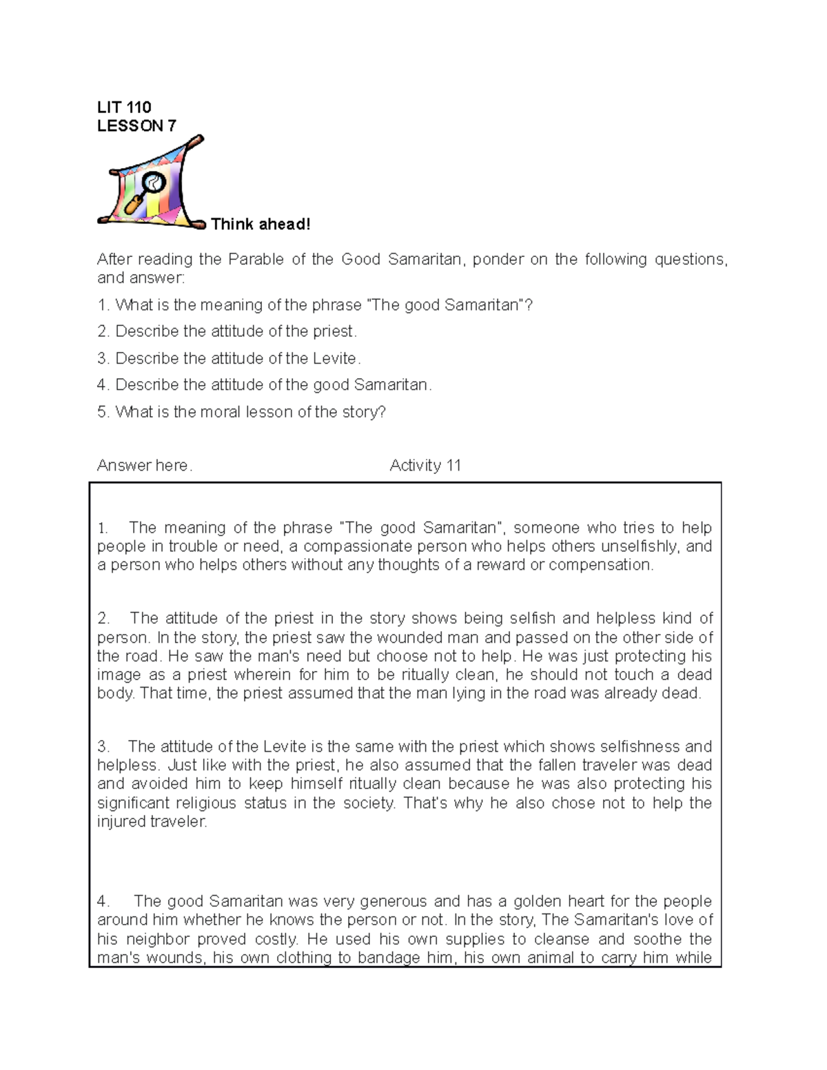 LIT 110 - Lesson 7: Questions on the Good Samaritan Parable - Studocu