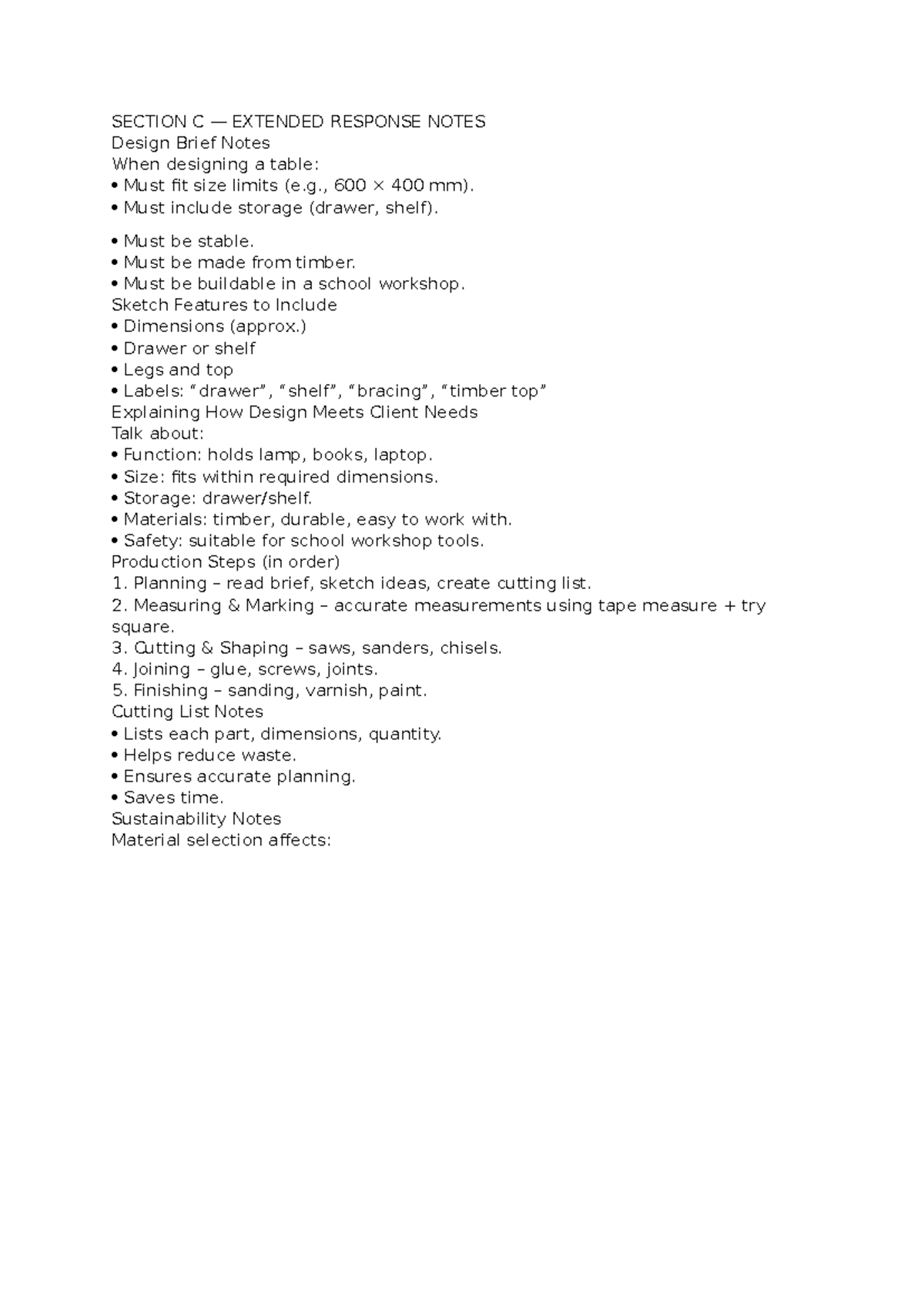 Design Brief Notes for Table Construction (Section C) - Studocu