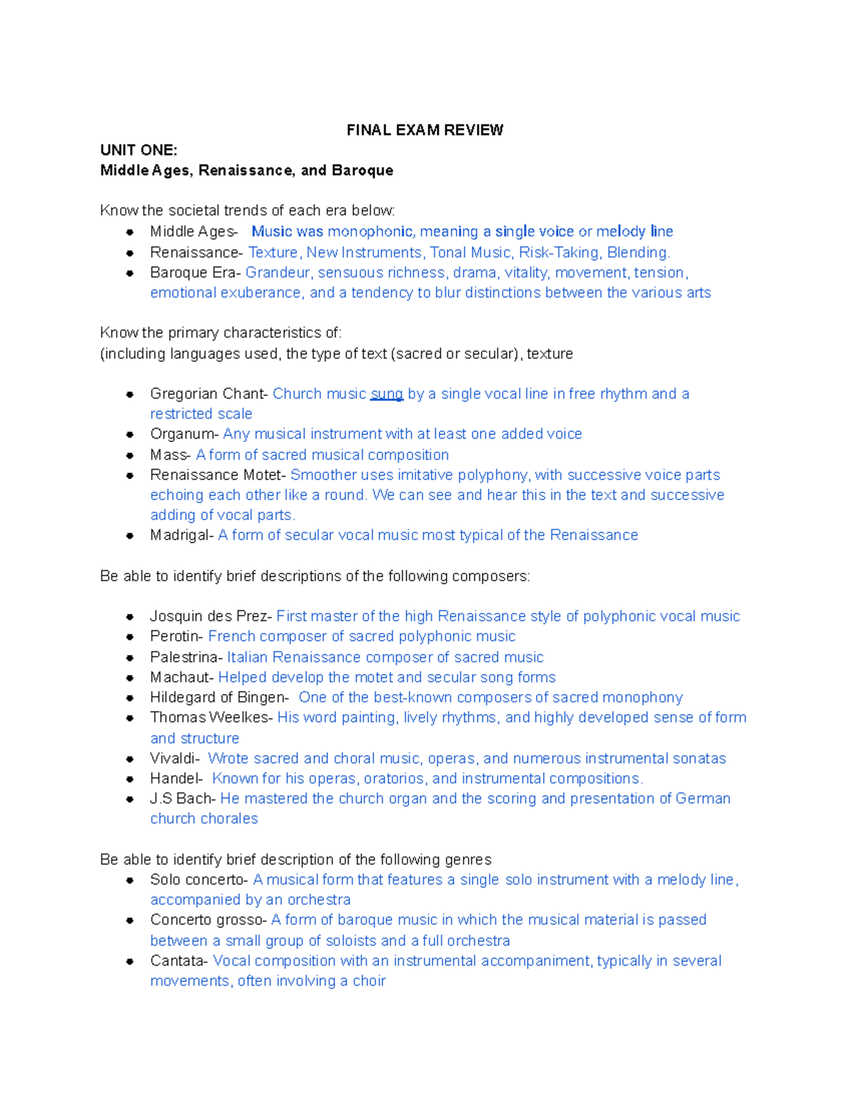 Final Music Exam Review for Music 101: Eras, Composers & Genres - Studocu