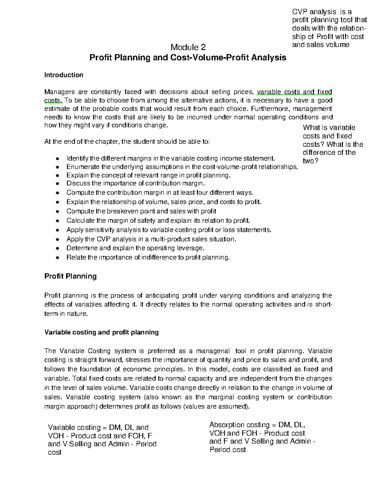 Module 2: Profit Planning & CVP Analysis Overview - Studocu