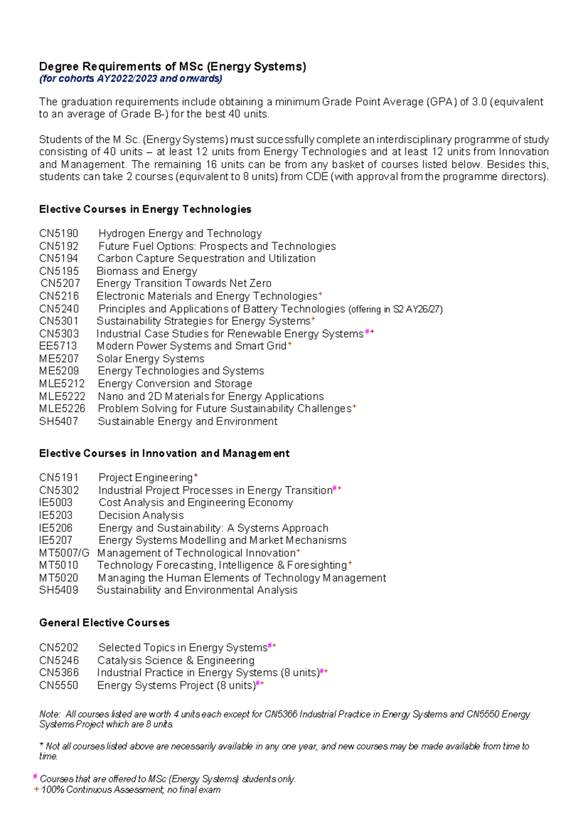 Degree Requirements for MSc (Energy Systems) AY2022-Onwards - Studocu