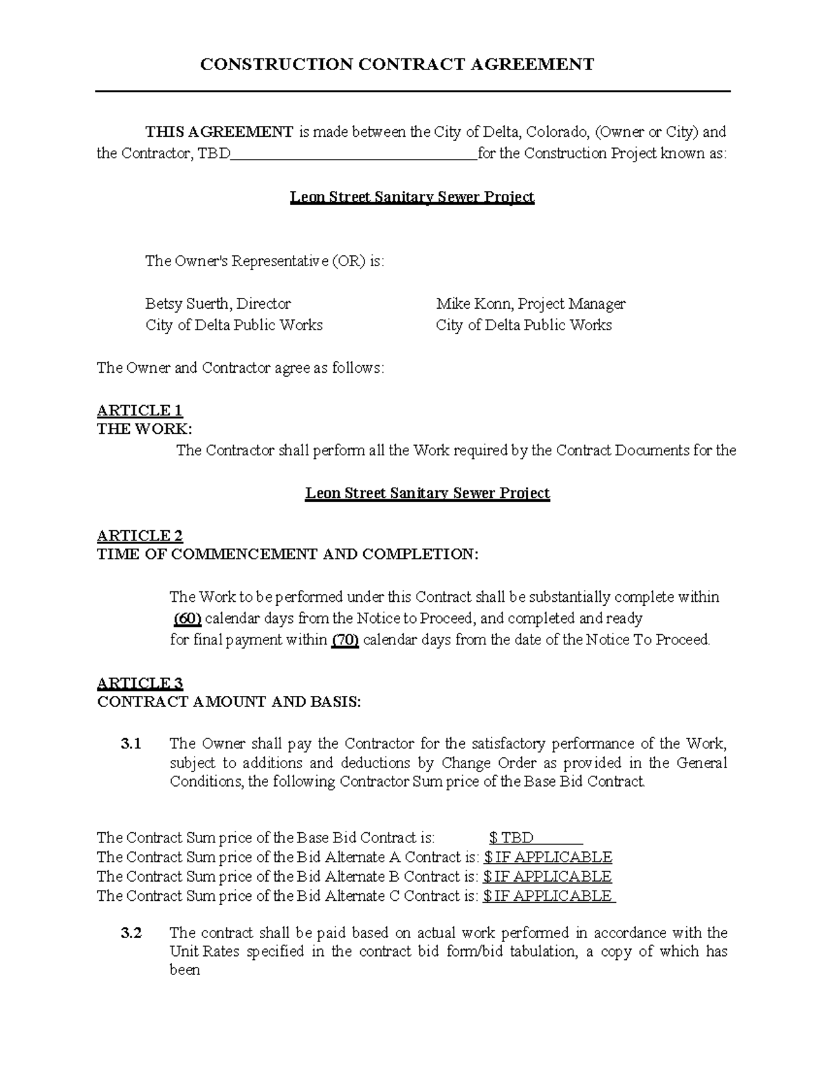 Construction Contract Agreement for Leon St. Sanitary Sewer Project ...
