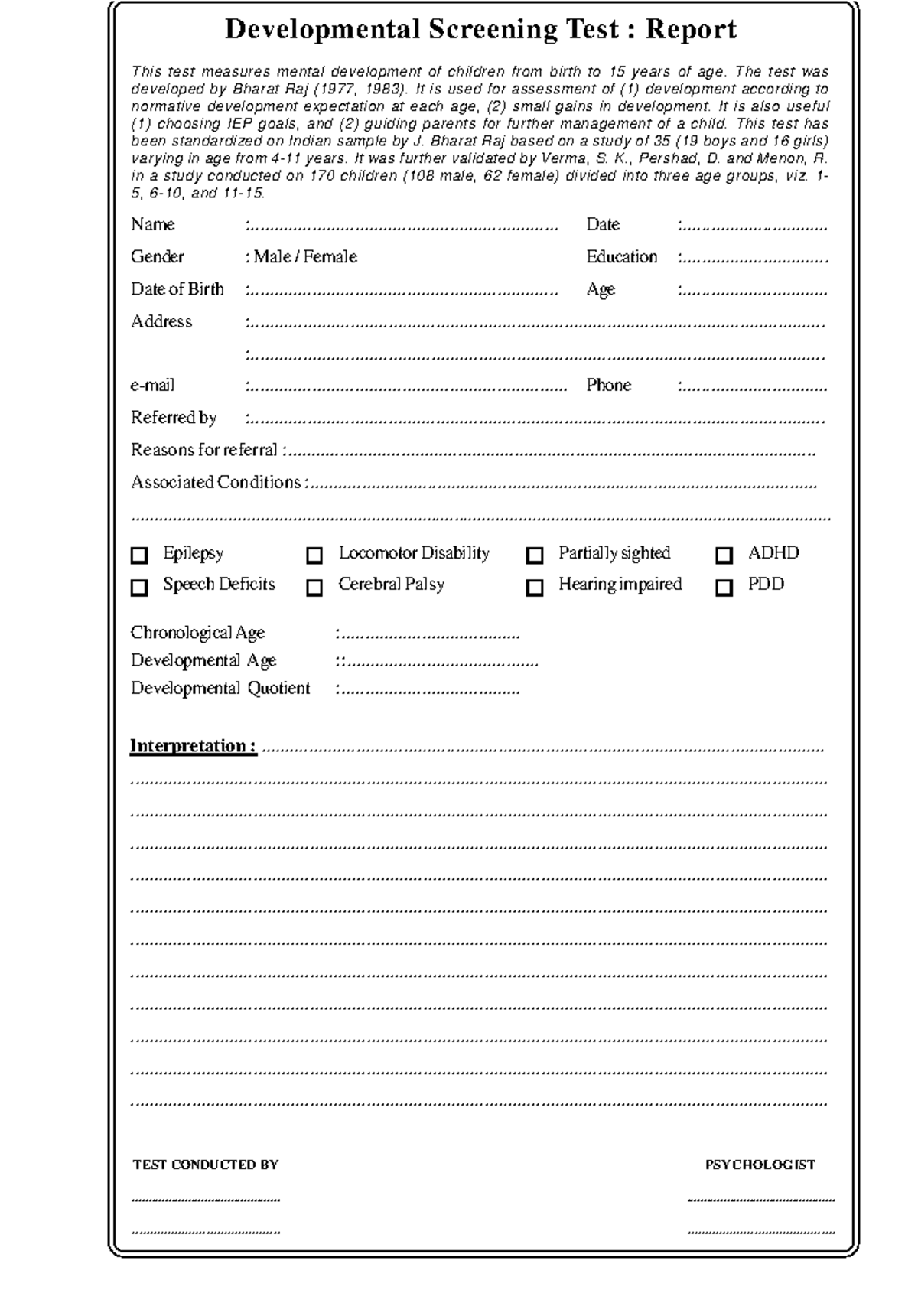 Developmental Screening Test (DST) Report for Children - Studocu