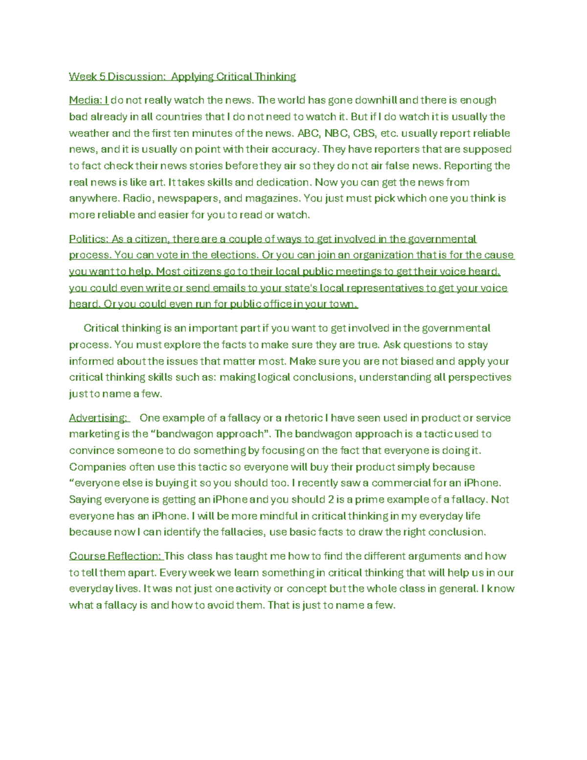 ENG 101: Week 5 Discussion on Applying Critical Thinking Skills - Studocu