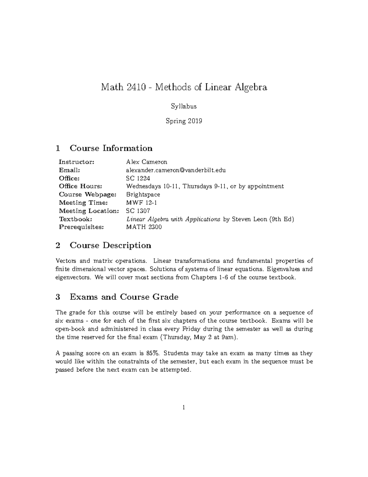 Math 2410 Syllabus - Methods of Linear Algebra (Spring 2019) - Studocu