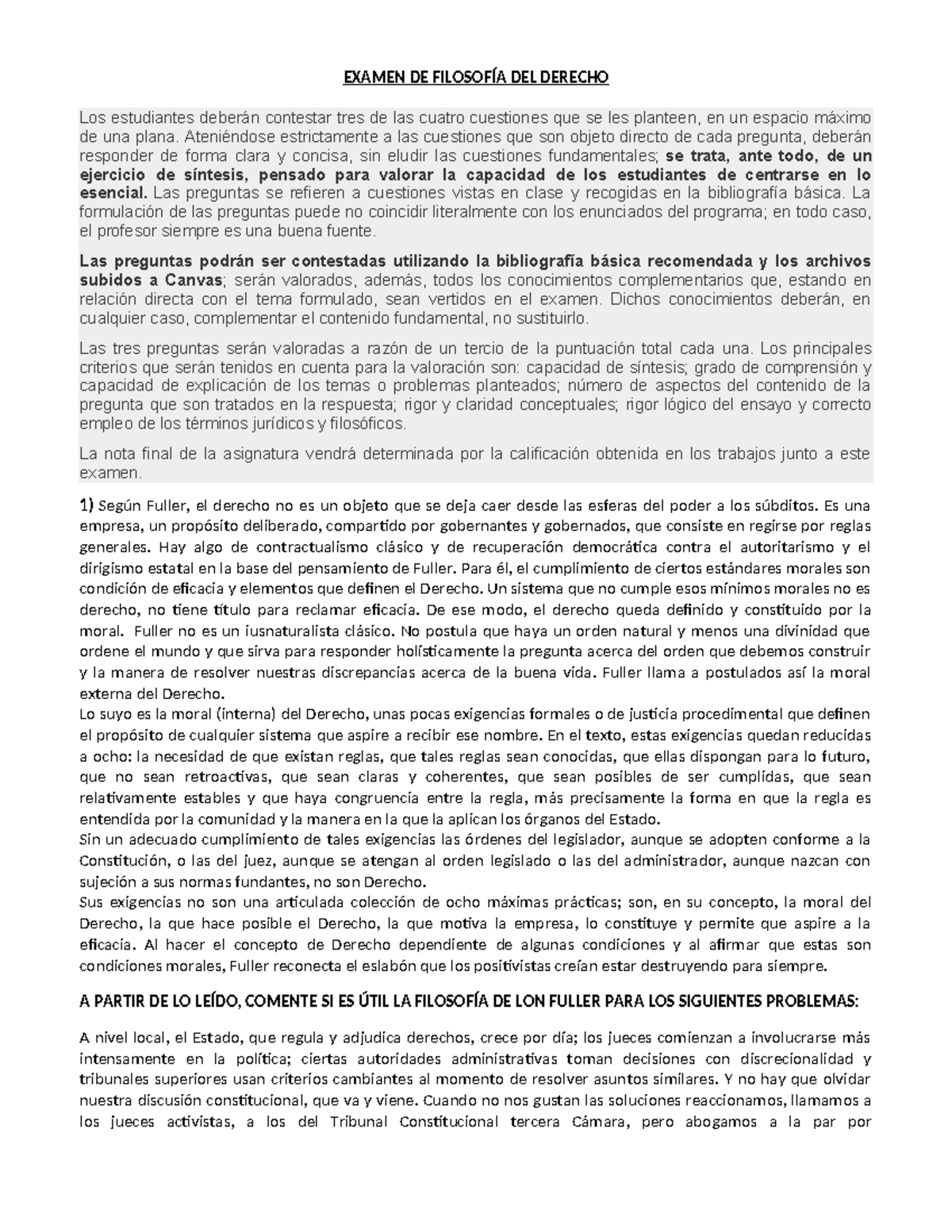 Examen de Filosofía del Derecho FD 2025: Reflexiones sobre Fuller - Studocu