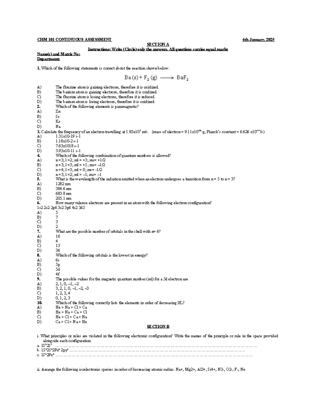 CHM 101 Continuous Assessment - CHM 101 CONTINUOUS ASSESSMENT 6th ...