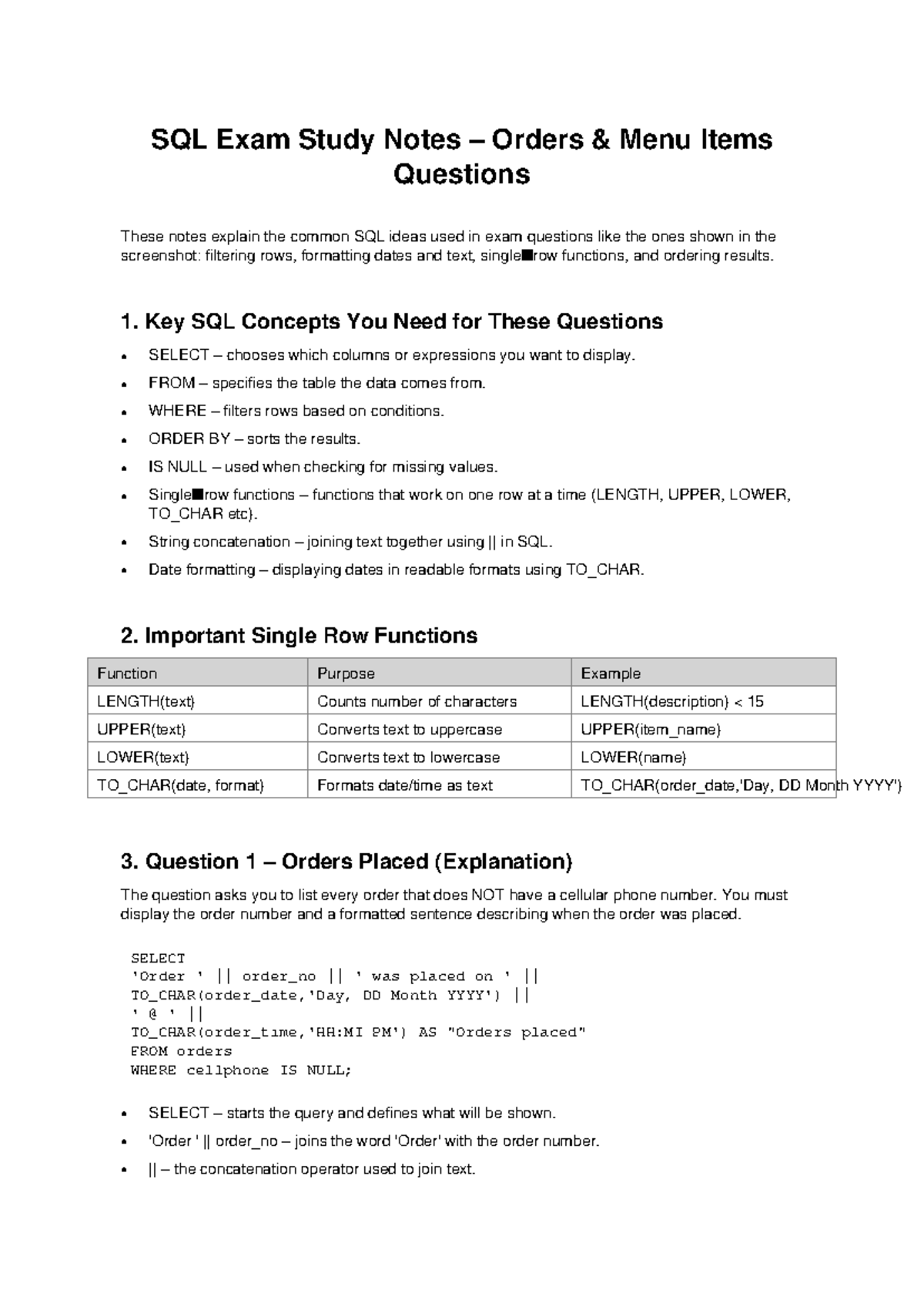 SQL Exam Study Notes: Key Concepts for Orders & Menu Items - Studocu