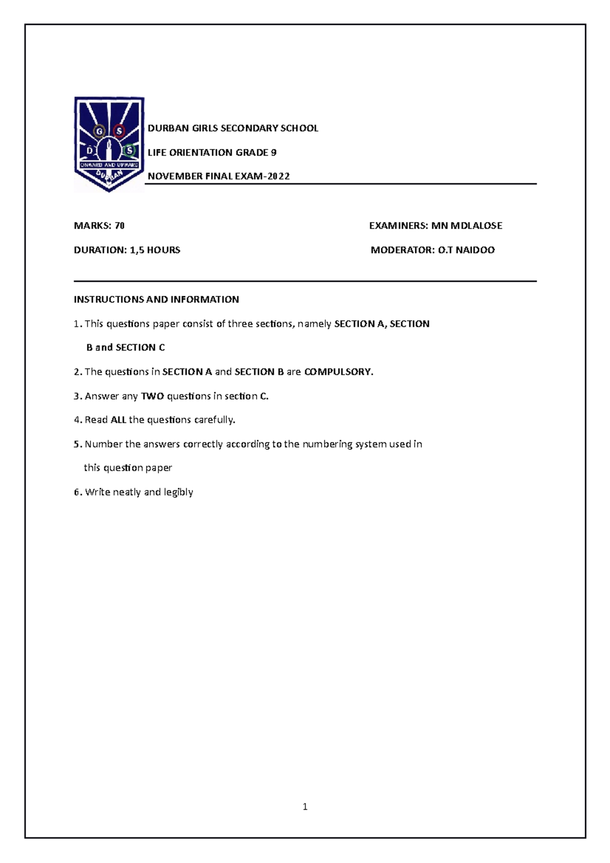 Grade 9 LO 4 - Life Orientation Final Exam Notes & Questions - Studocu