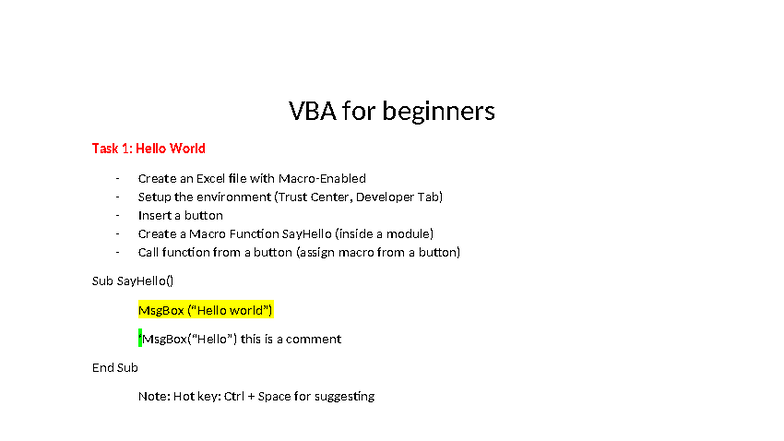 VBA for Beginners: Task 1-5 Script and Excel Setup Guide - Studocu