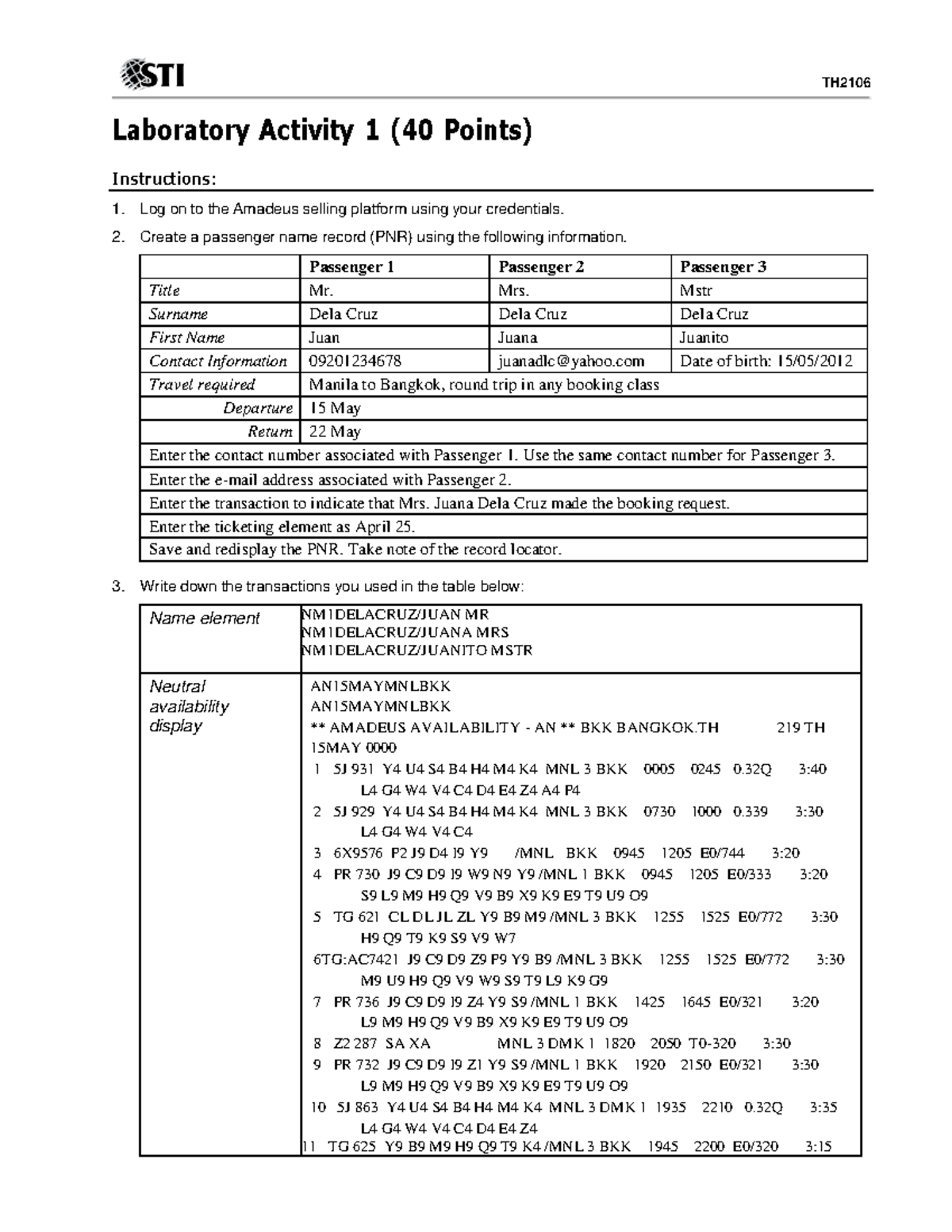 06 LAB 1: Creating Passenger Name Records on Amadeus System - Studocu