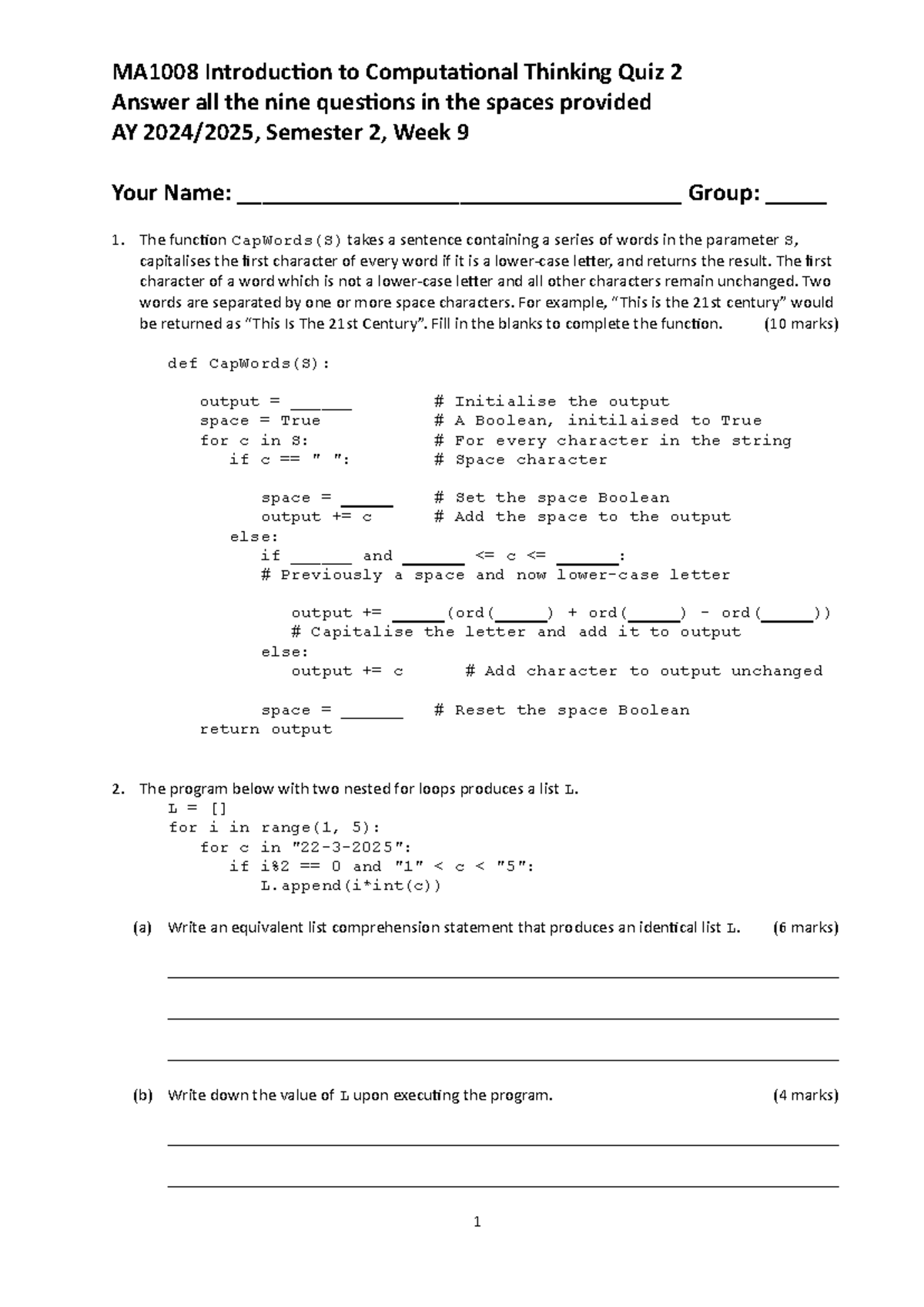 MA1008 Introduction to Computational Thinking Quiz 2 Answers - Studocu