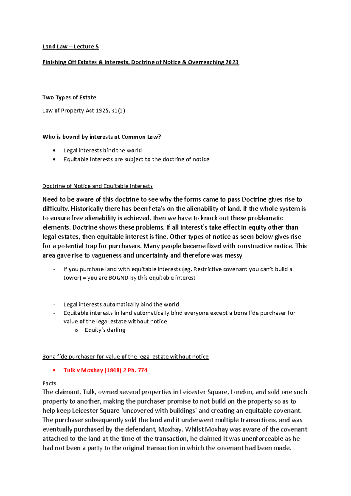 Land Law LECT 5: Doctrine of Notice, Estates & Overreaching Insights ...