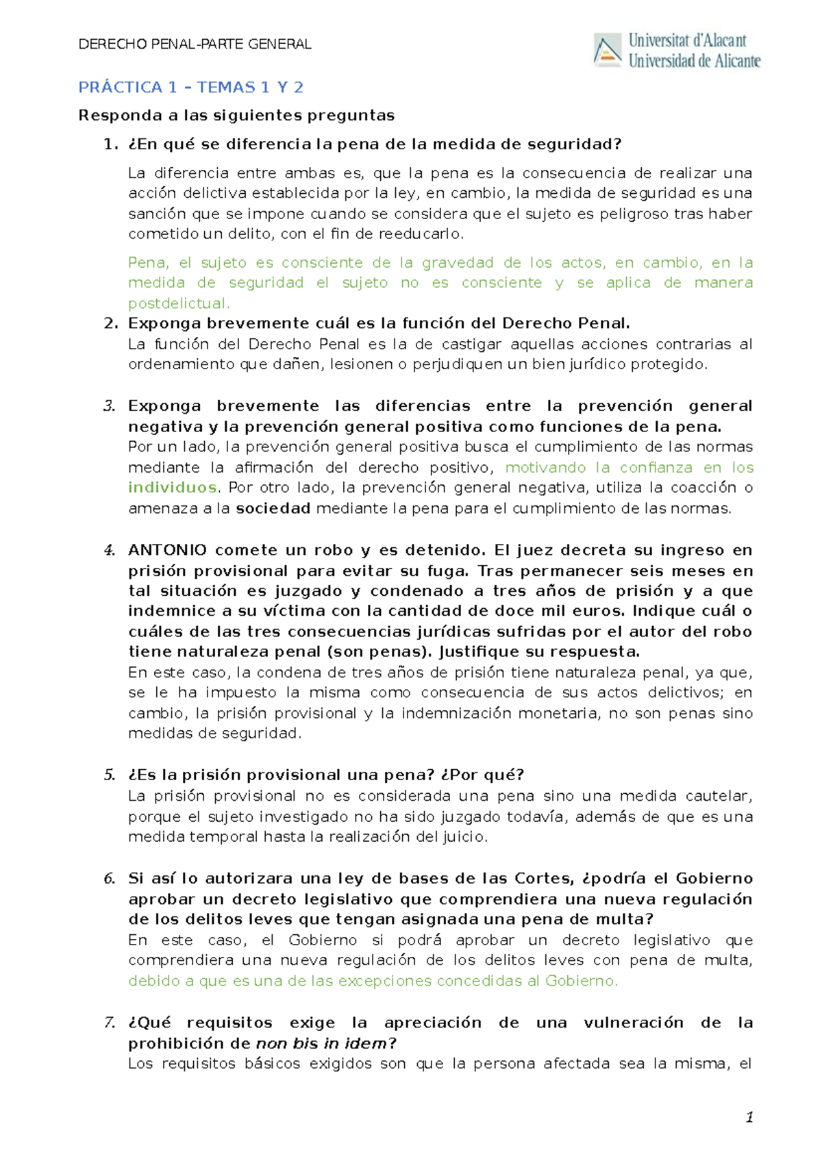 Practica 1 - Primera práctica del curso corregida de la asignatura de Derecho Penal Parte ...