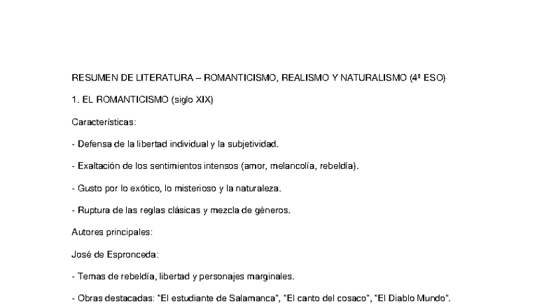 Resumen de Literatura: Romanticismo, Realismo y Naturalismo (4º ESO ...