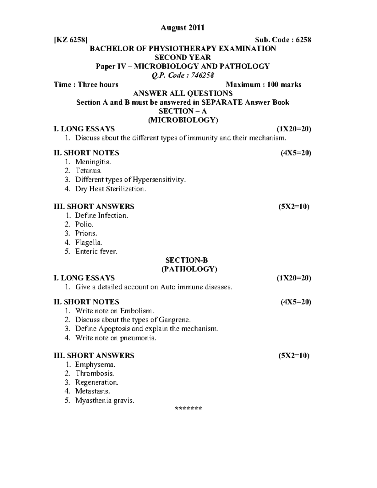 BPT 2nd Year Paper V: Microbiology & Pathology Q.P. 746258 Exam Guide ...