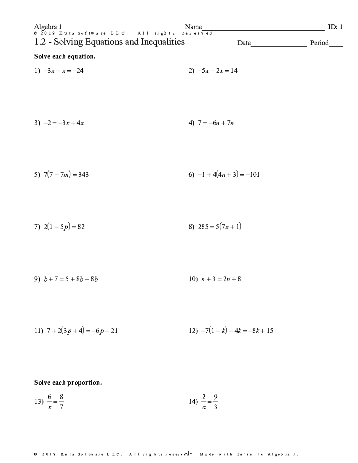 Algebra 1: Equations and Inequalities Worksheet - Studocu