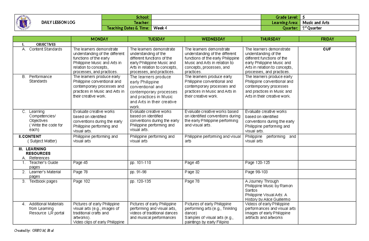 Music and Arts 5 Q1 Week 4 Daily Lesson Plan (DLP) - Studocu