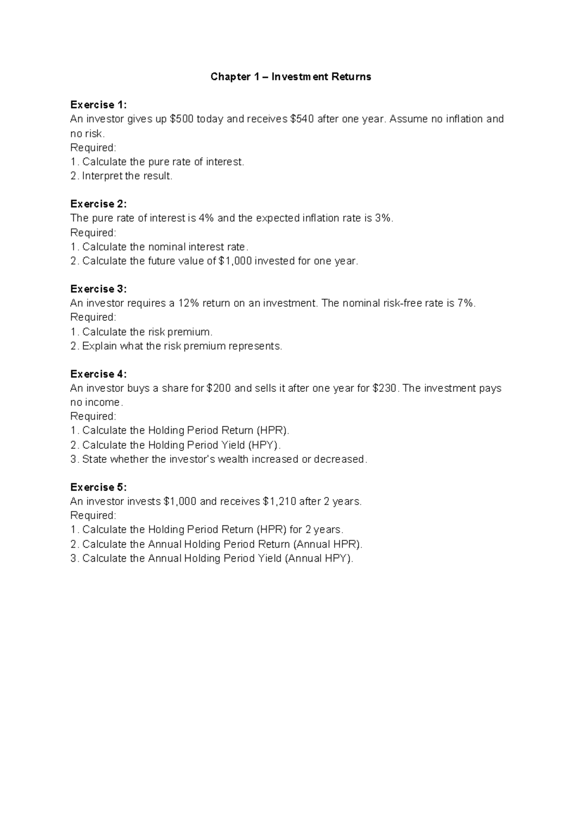 Chapter 1 – Investment Returns Exercises (Part 1) - Studocu