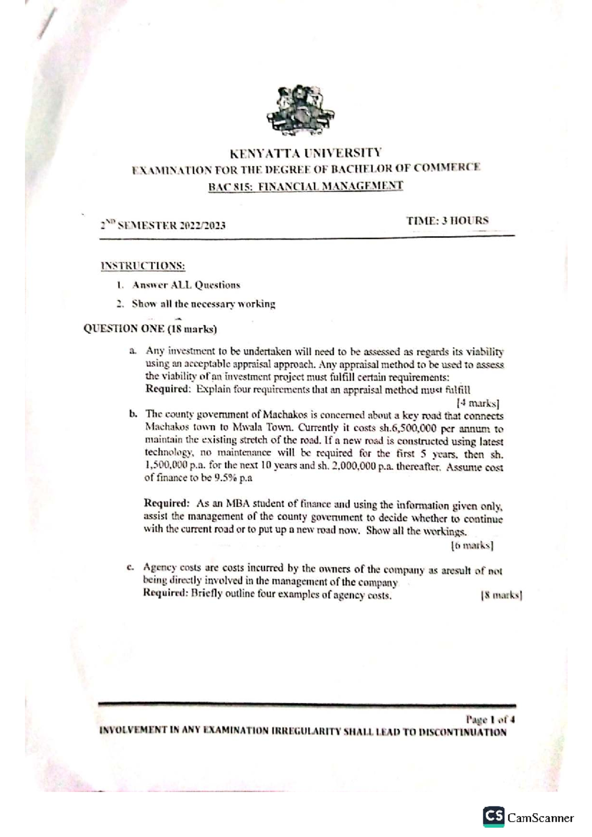 BAC 815: Financial Management Past Exam Papers and Solutions - Studocu