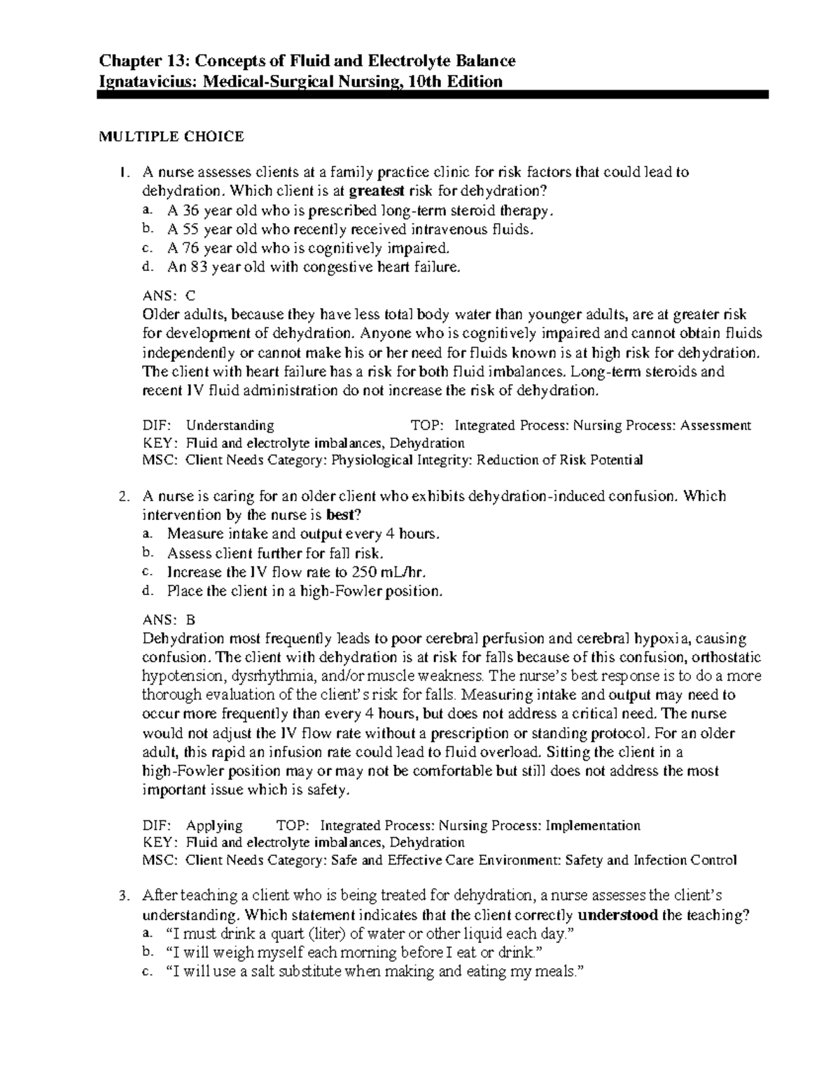 CH13 - Medical-Surgical Nursing: Fluid and Electrolyte Concepts - Studocu