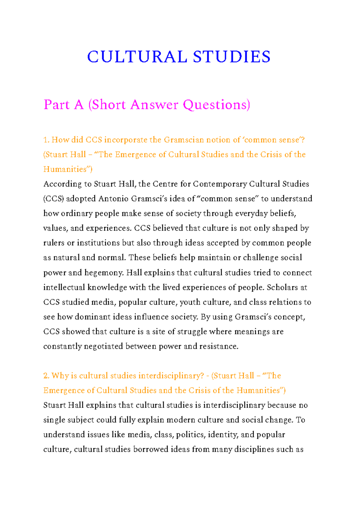 CULTURAL STUDIES - Part A: Short Answer Questions Analysis - Studocu