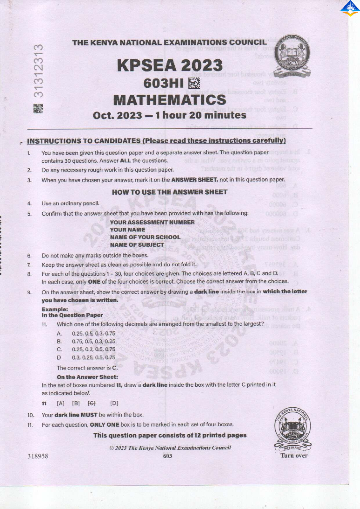 Kenya National Examinations Council 603HI KPSEA Math Exam 2023 - Studocu
