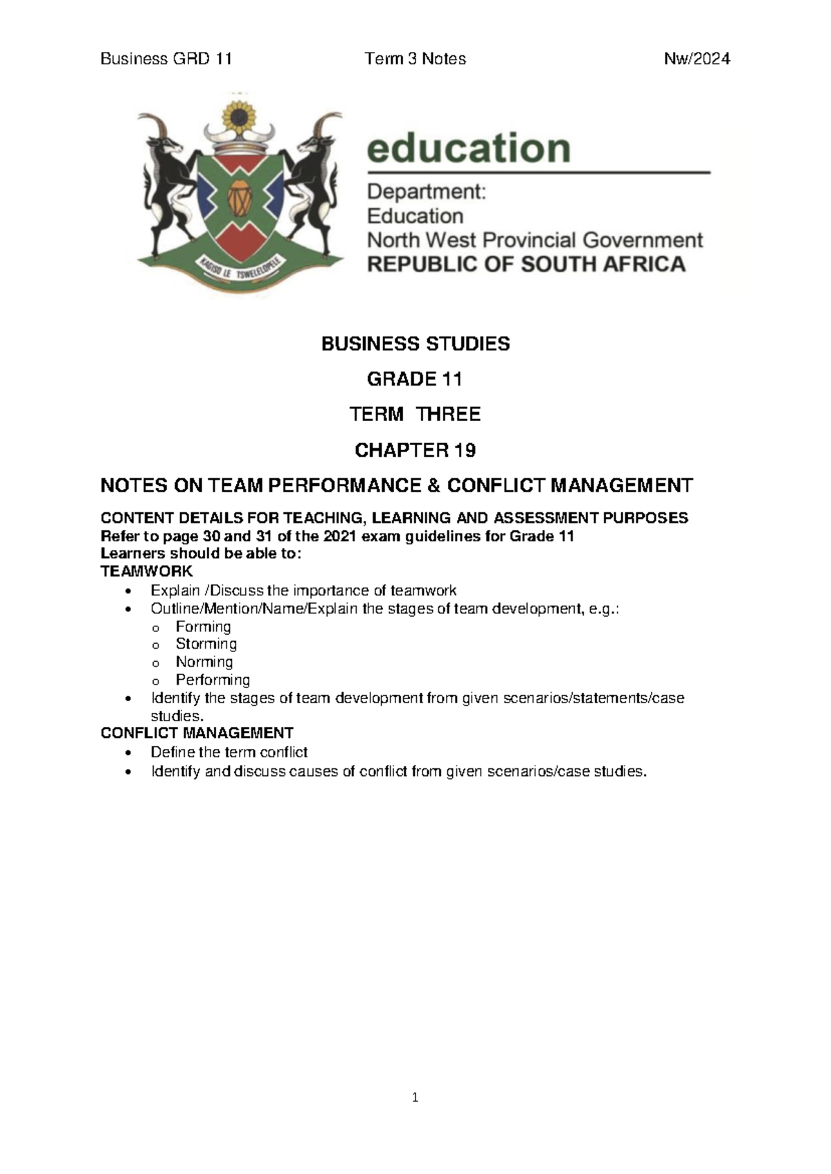 BSTD Grade 11 WEEK 7 - Team Performance & Conflict Management Notes ...