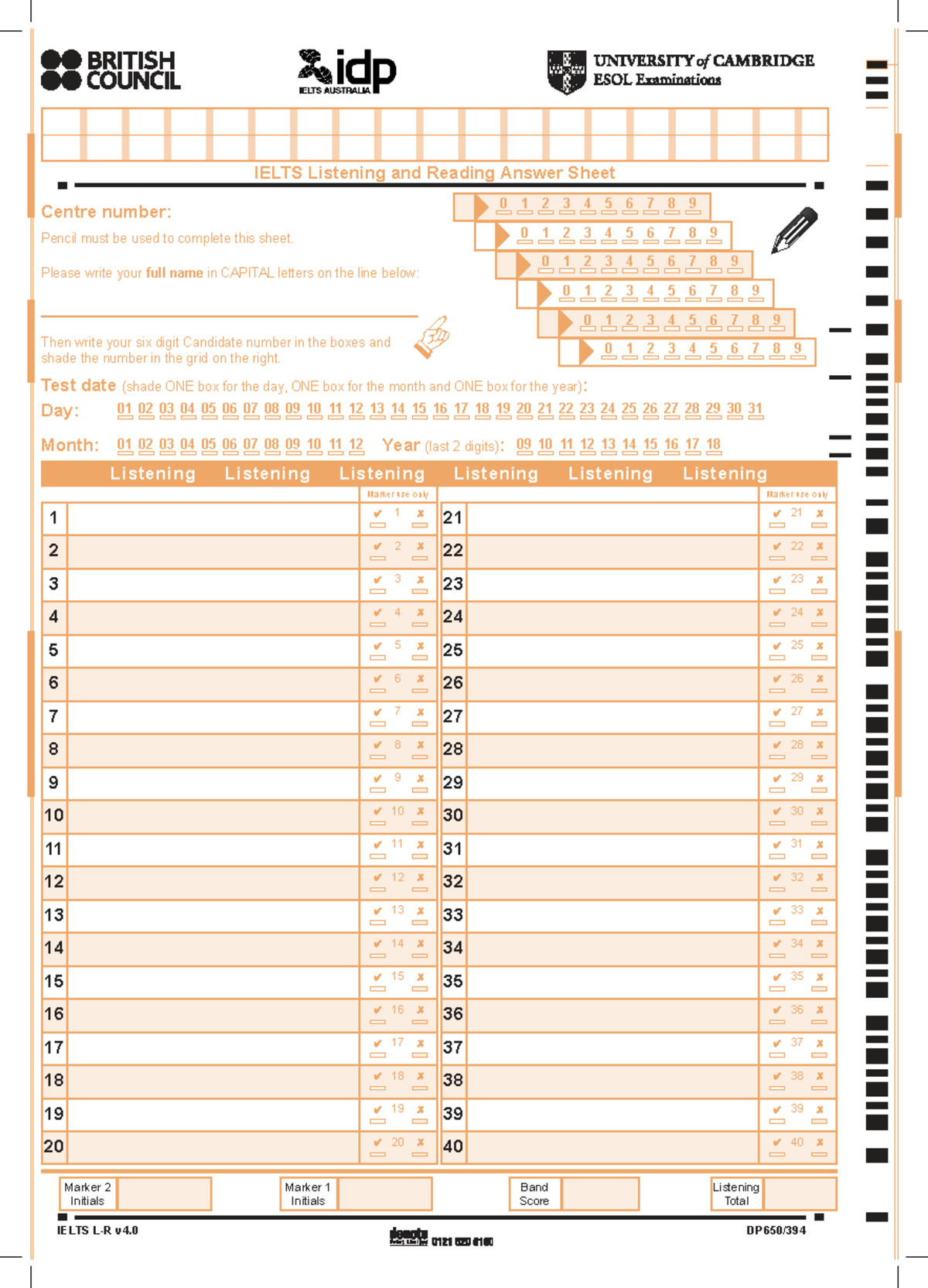 IELTS Listening & Reading Answer Sheet (Version 4.0) - Studocu