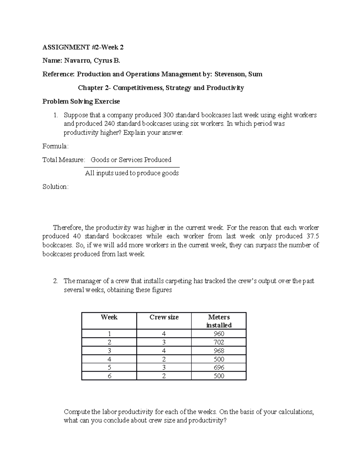 Assignment #2 - Week 2 Analysis: Productivity Insights in Ops Mgt ...