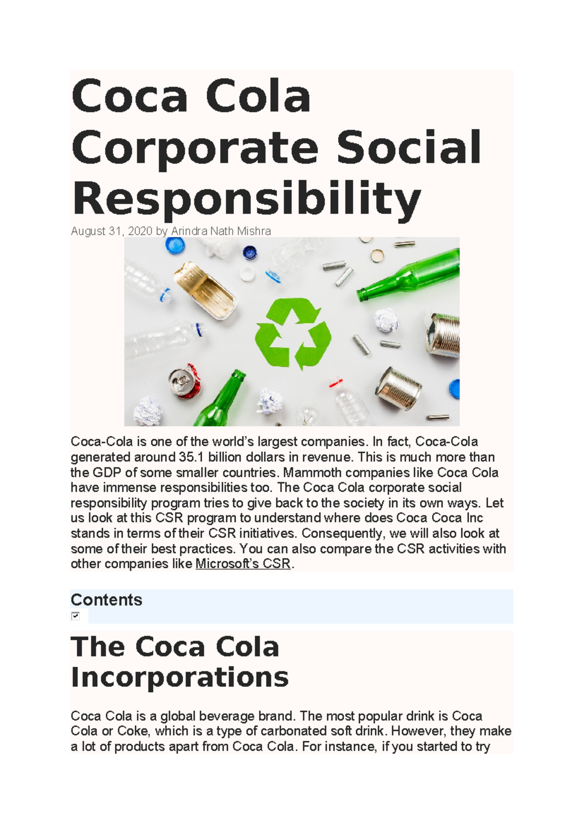Coca Cola Corporate Social Responsibility Overview (CSR) - Studocu
