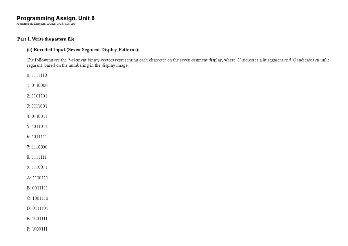 Programming Assign. Unit 6: Seven Segment Display Patterns - Studocu