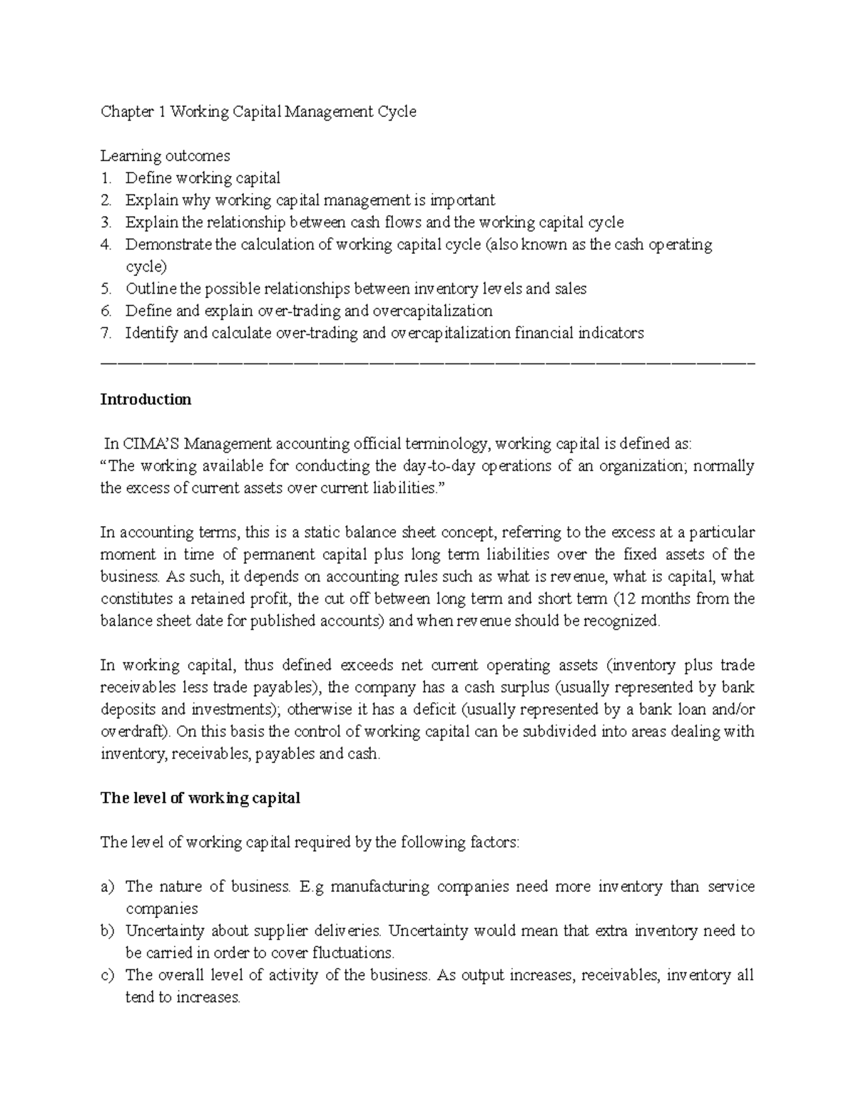 Chapter 1: Working Capital Management Cycle Overview and Key Concepts ...