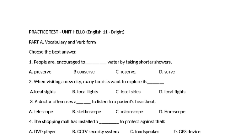 English 11 Bright: Practice Test - Vocabulary & Verb Forms - Studocu
