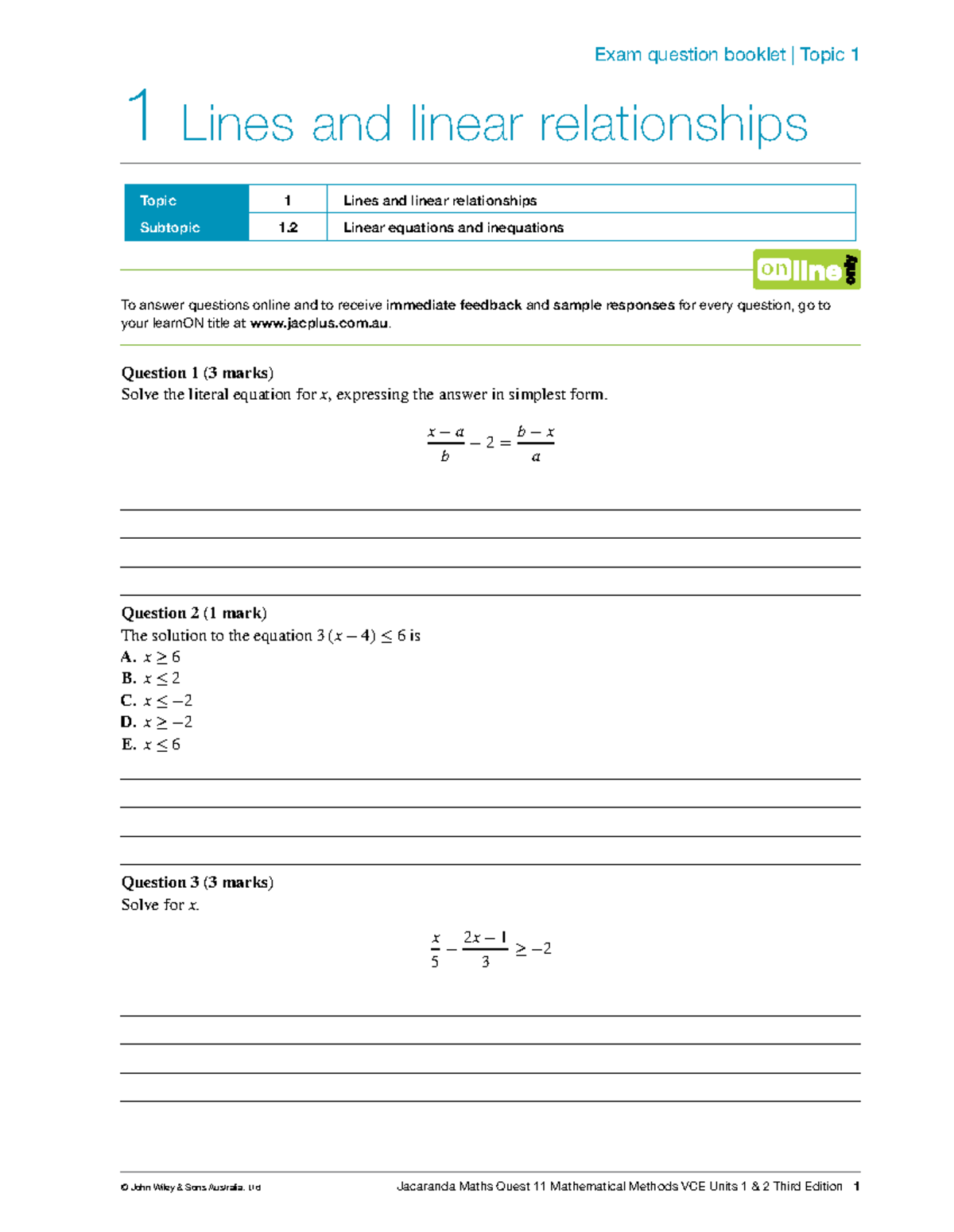 Linear Methods Workbook: Exam Questions & Solutions (VCE Units 1-2 ...