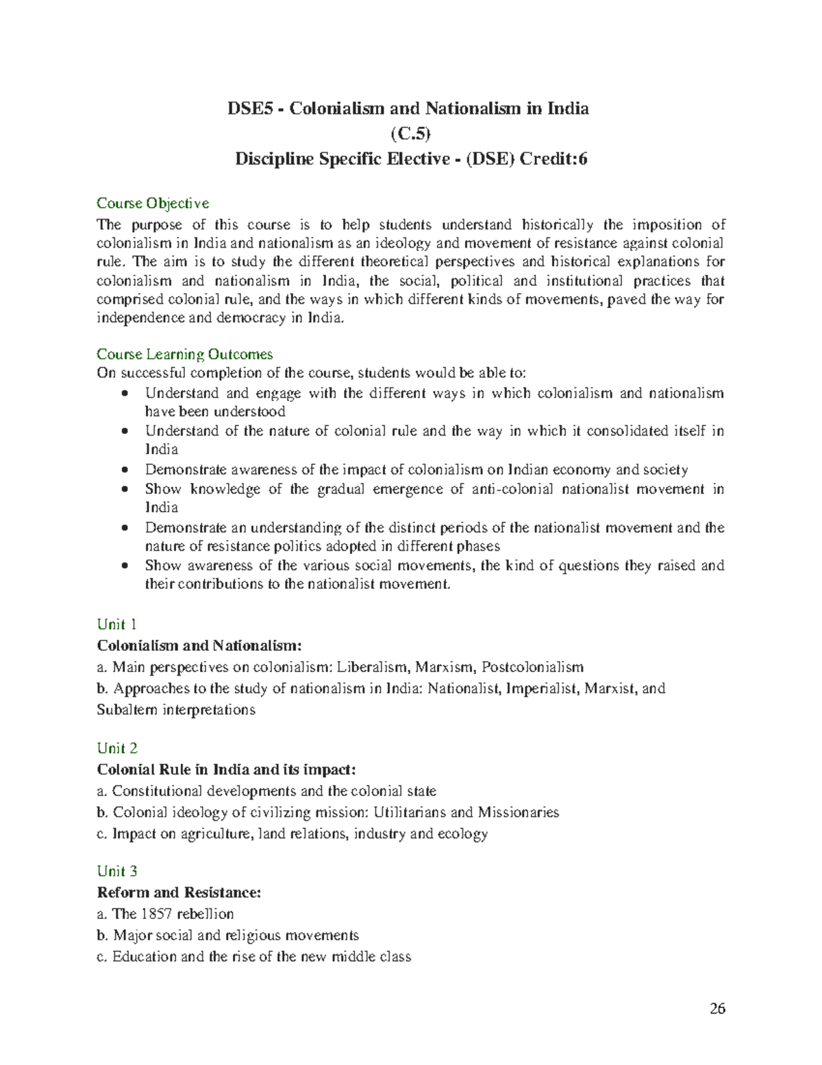 DSE5 - Colonialism and Nationalism in India: Course Overview ...