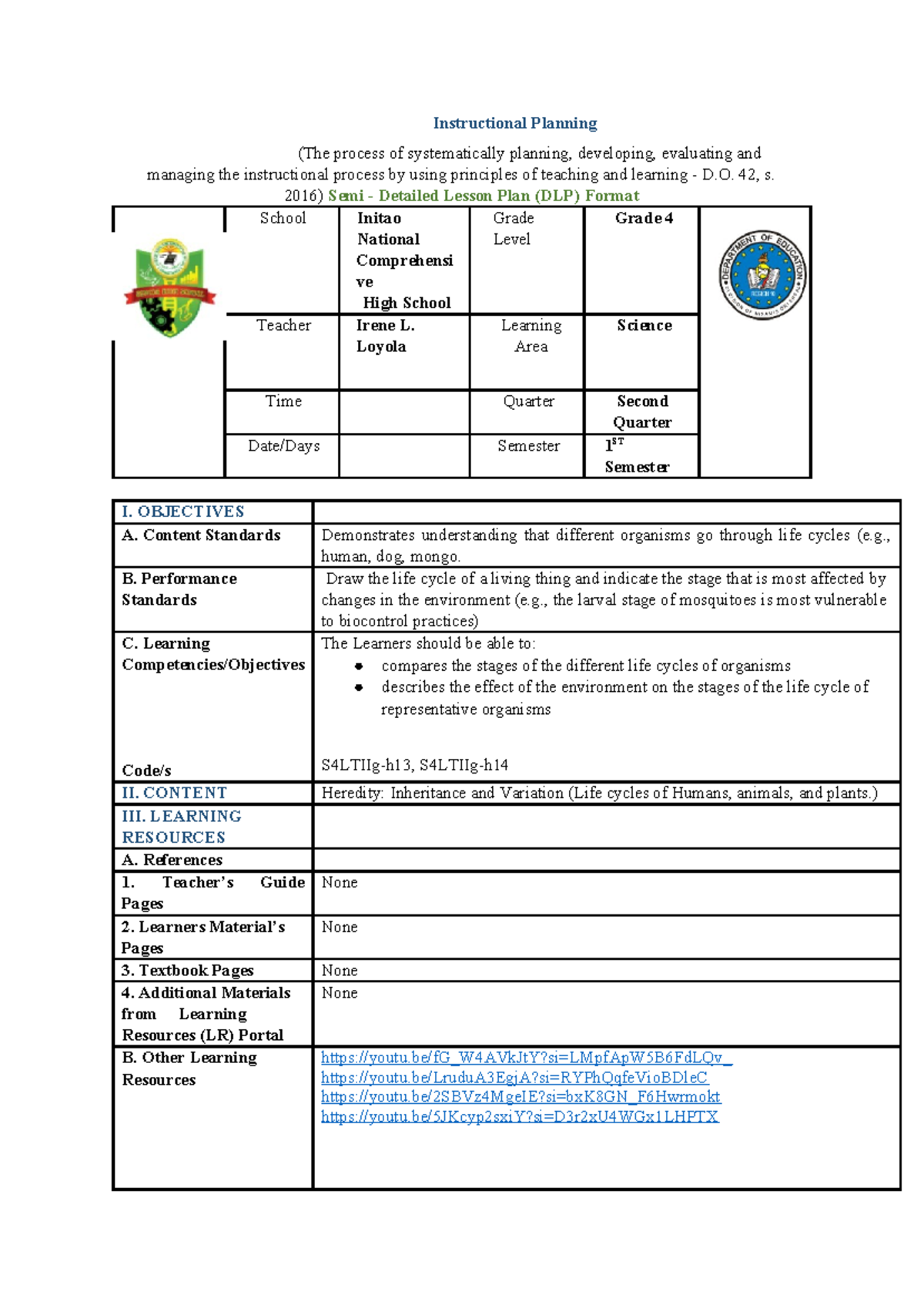 GED117 Semi-Detailed Lesson Plan on Life Cycles and Ecosystem ...