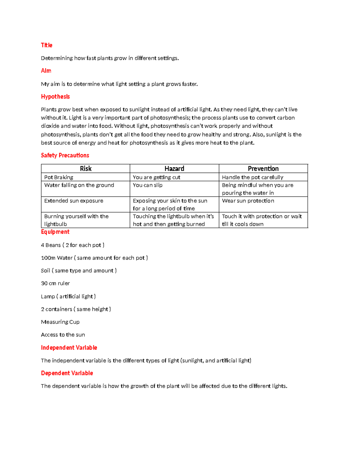 Science Assignment T1 - Final on Plant Growth in Light Conditions - Studocu