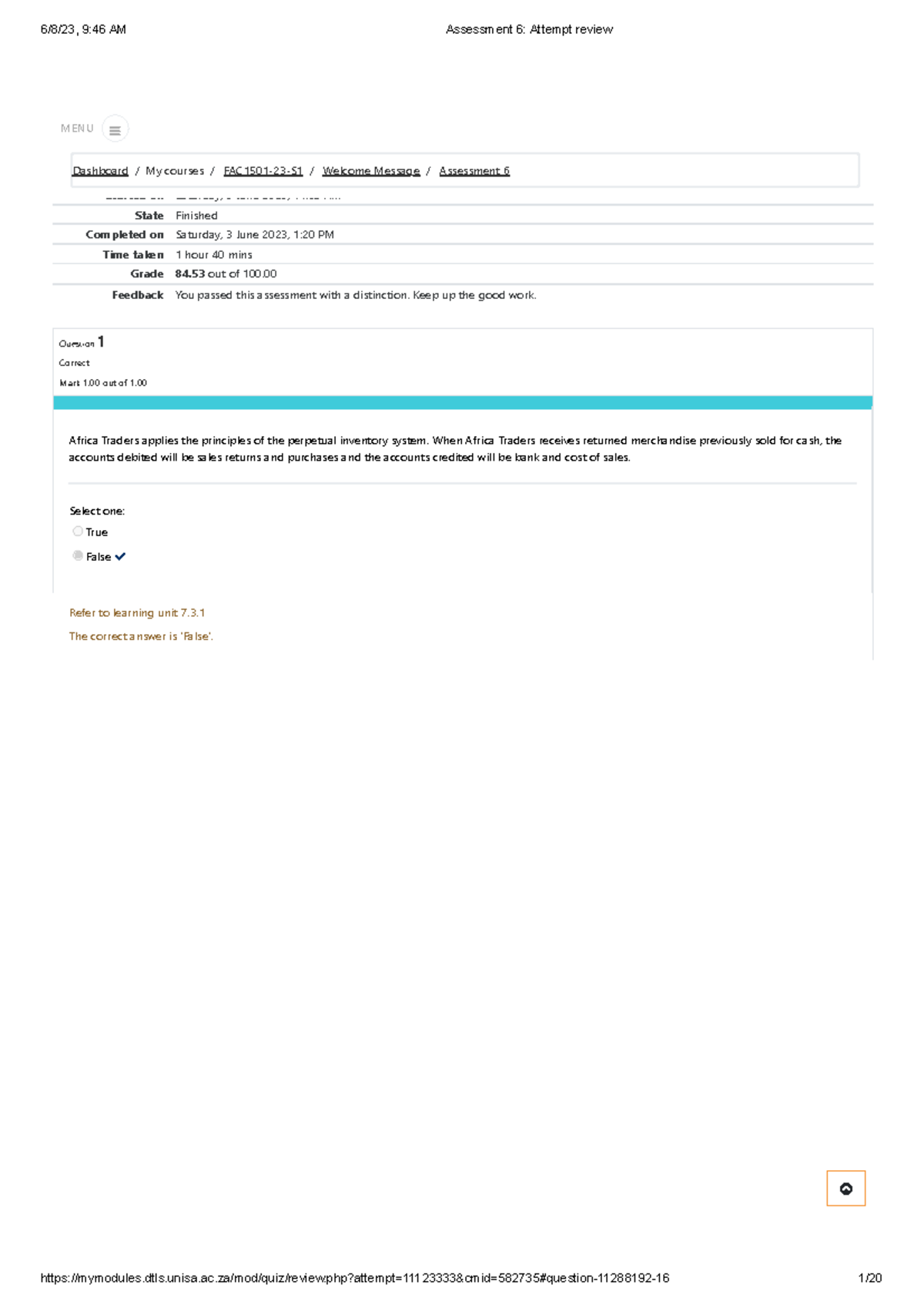 Assessment 6 Attempt review - Started on Saturday, 3 June 2023, 11:39 ...