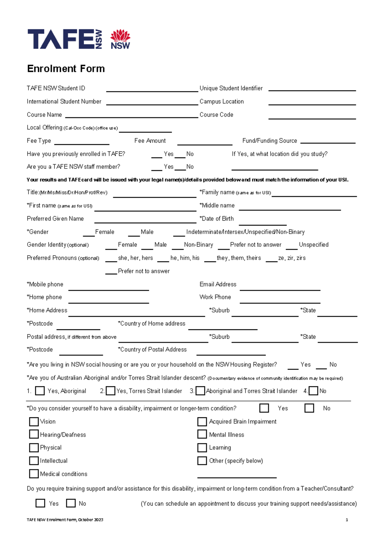 TAFE NSW General Enrolment Form 2024: Student Application Details - Studocu