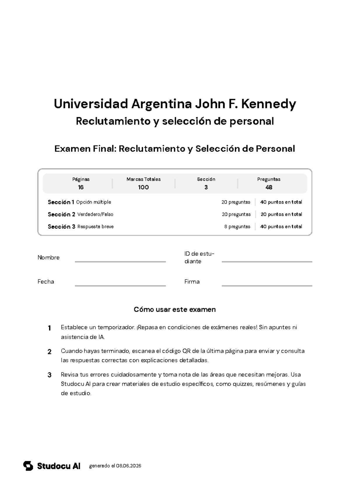 Examen Final: Reclutamiento y Selección de Personal - Studocu