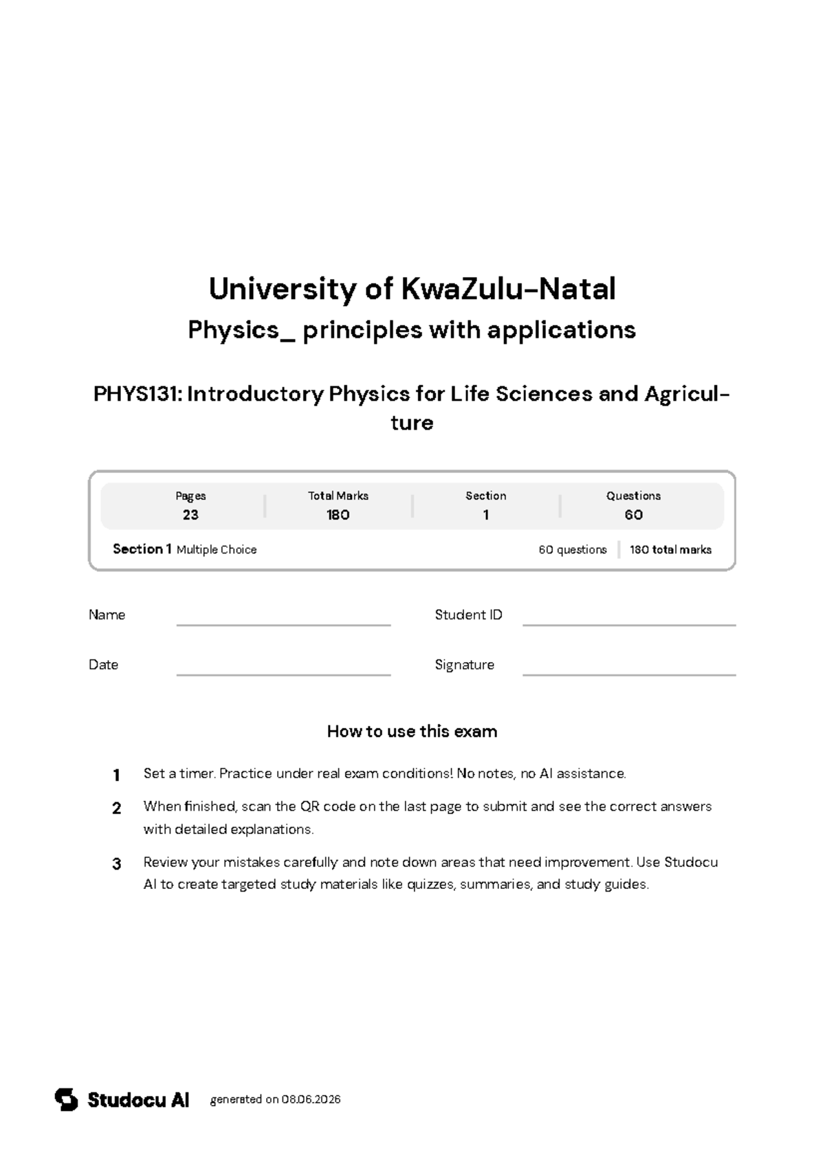 PHYS131: Final Exam Multiple Choice Questions - Studocu